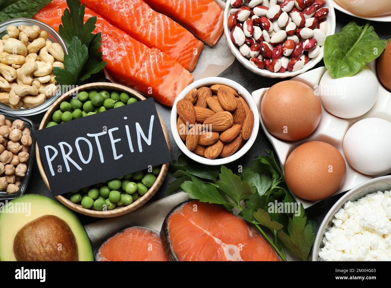 Card with word PROTEIN and different products as background, flat lay ...