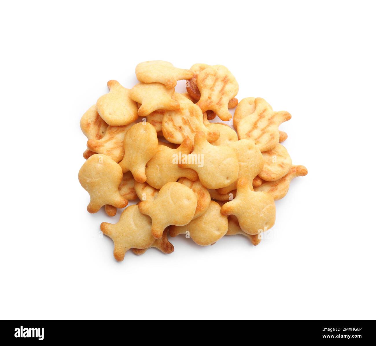 Delicious crispy goldfish crackers on white background, top view Stock ...