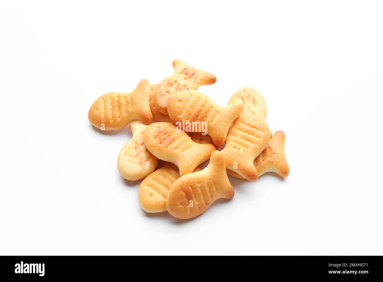 Delicious crispy goldfish crackers on white background Stock Photo - Alamy