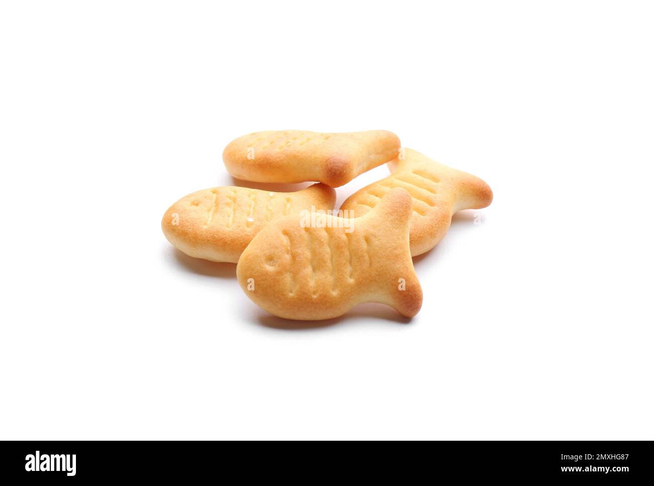 Delicious crispy goldfish crackers on white background Stock Photo - Alamy