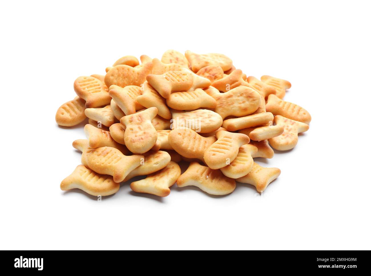 Delicious crispy goldfish crackers on white background Stock Photo - Alamy