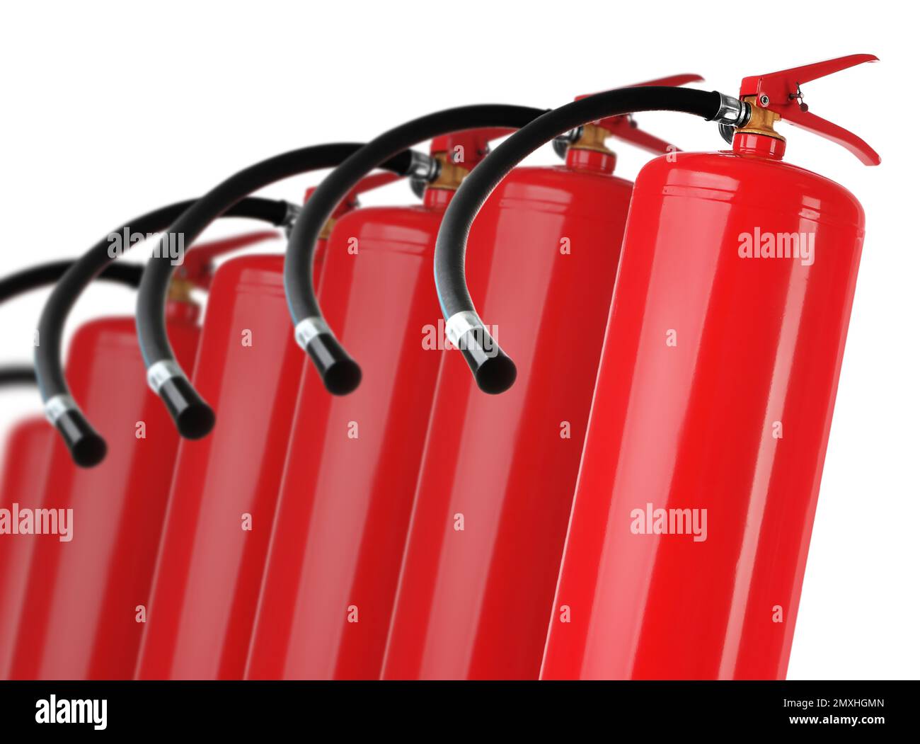 Set with fire extinguishers on white background Stock Photo - Alamy