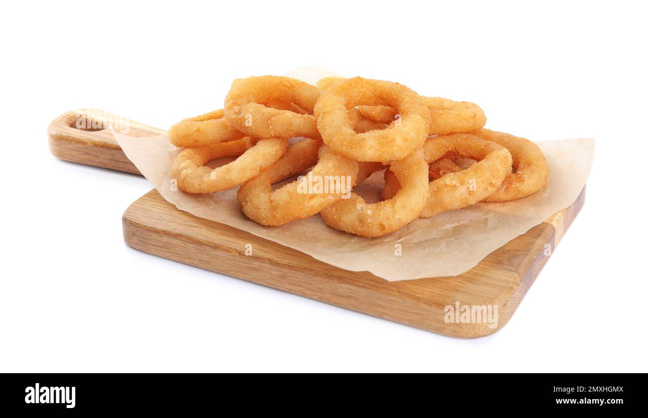 Delicious golden onion rings isolated on white Stock Photo - Alamy