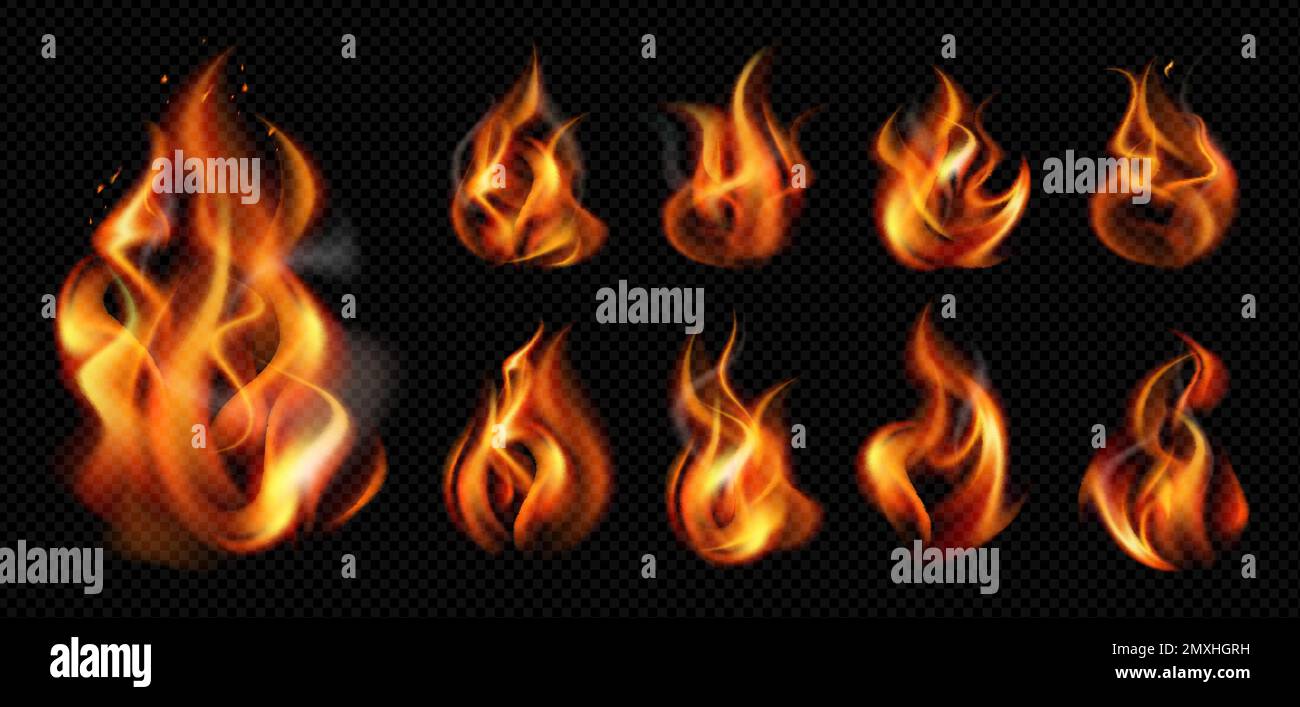 Realistic flame fire transparent icon set nine isolated mini fires on dark background vector ...