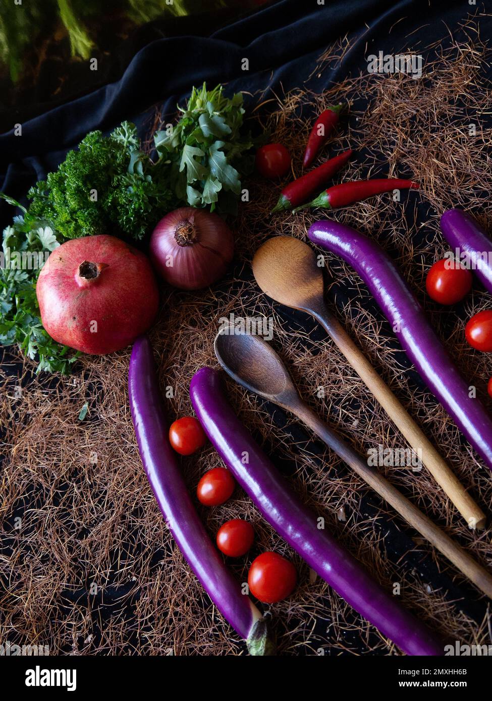 creative composition of various vegetables and fruit, like tomatoes ...