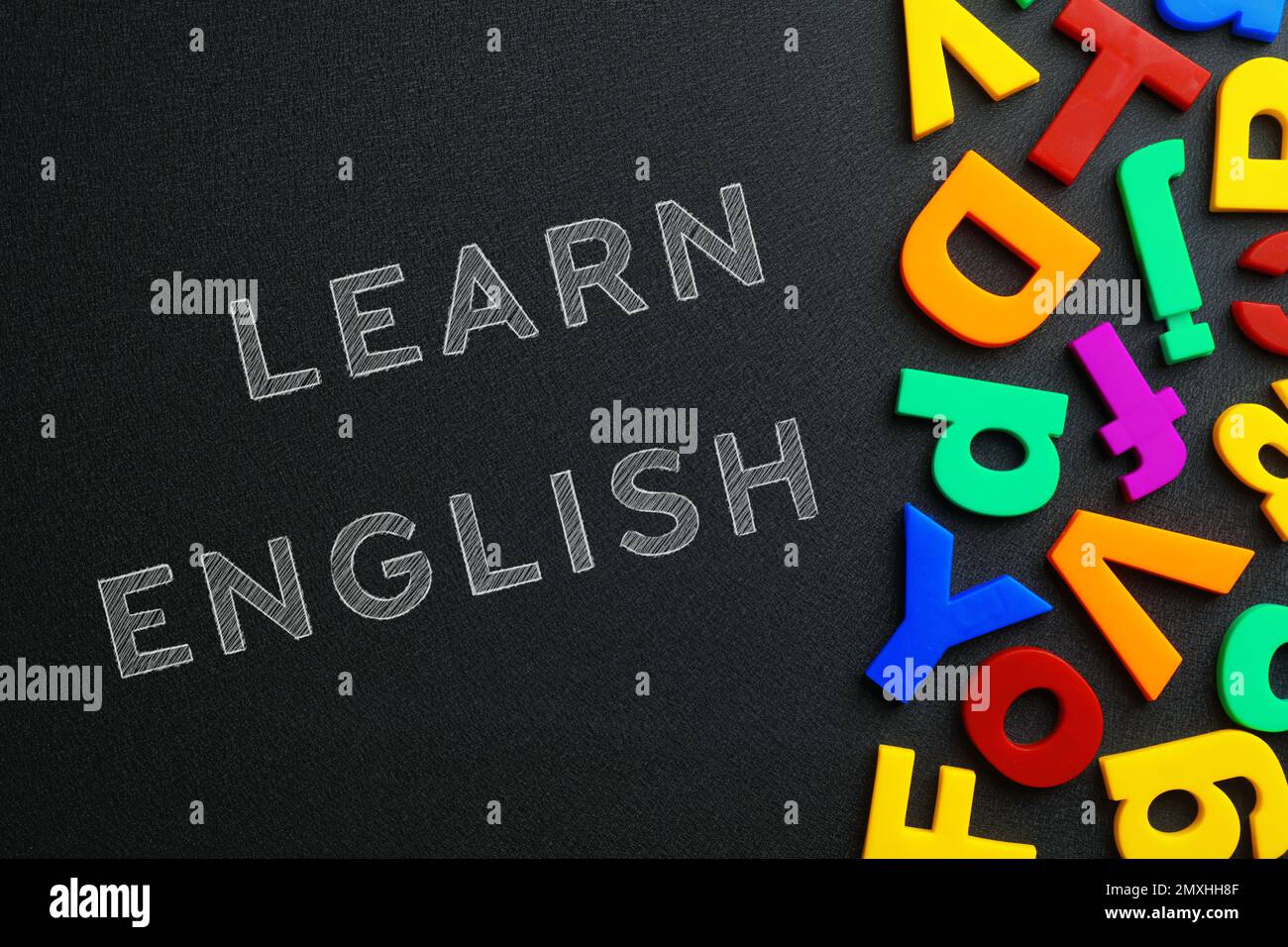 Blackboard with text Learn English and plastic letters, top view Stock ...