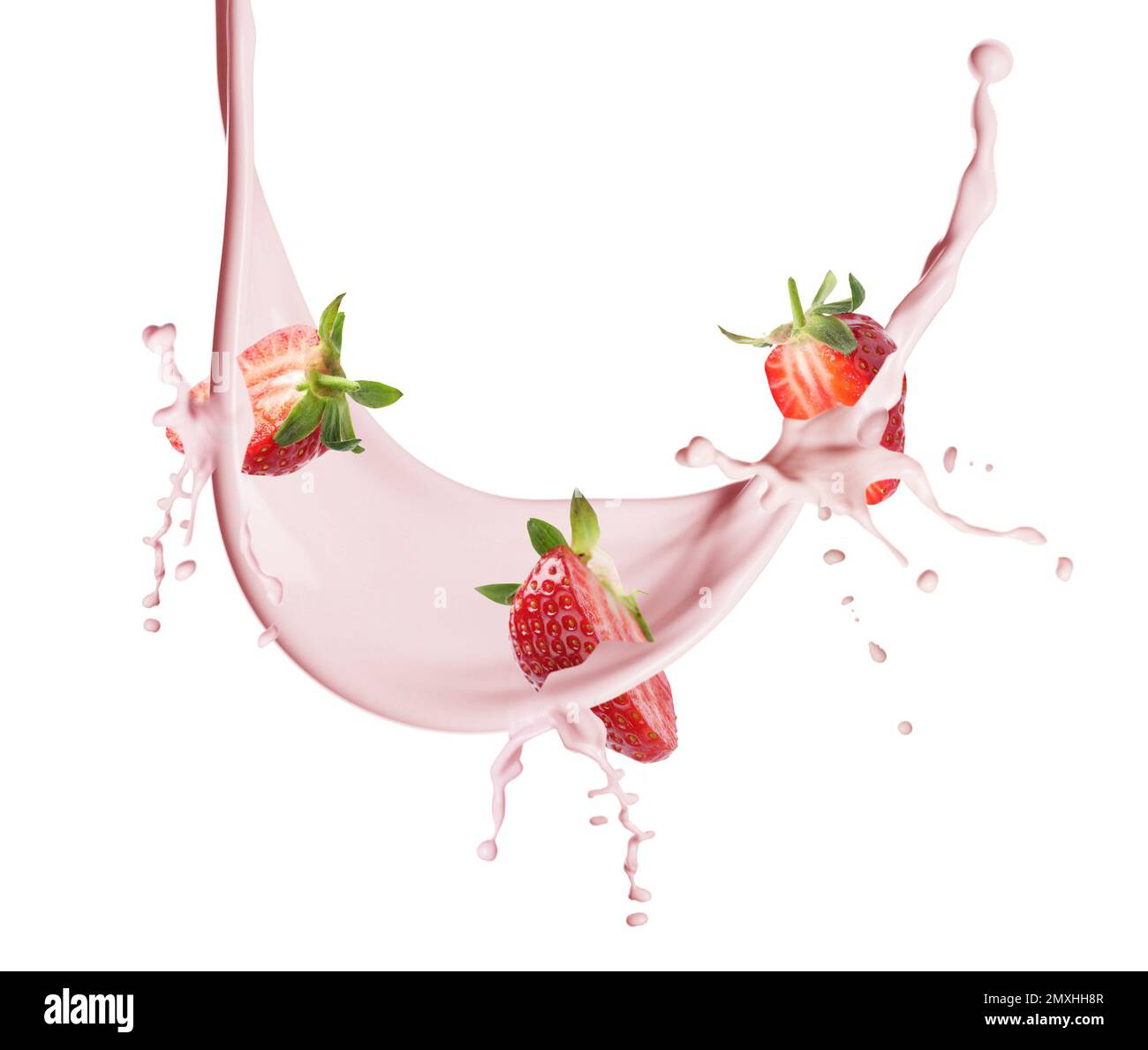 Fresh strawberries with milkshake splash on white background Stock ...
