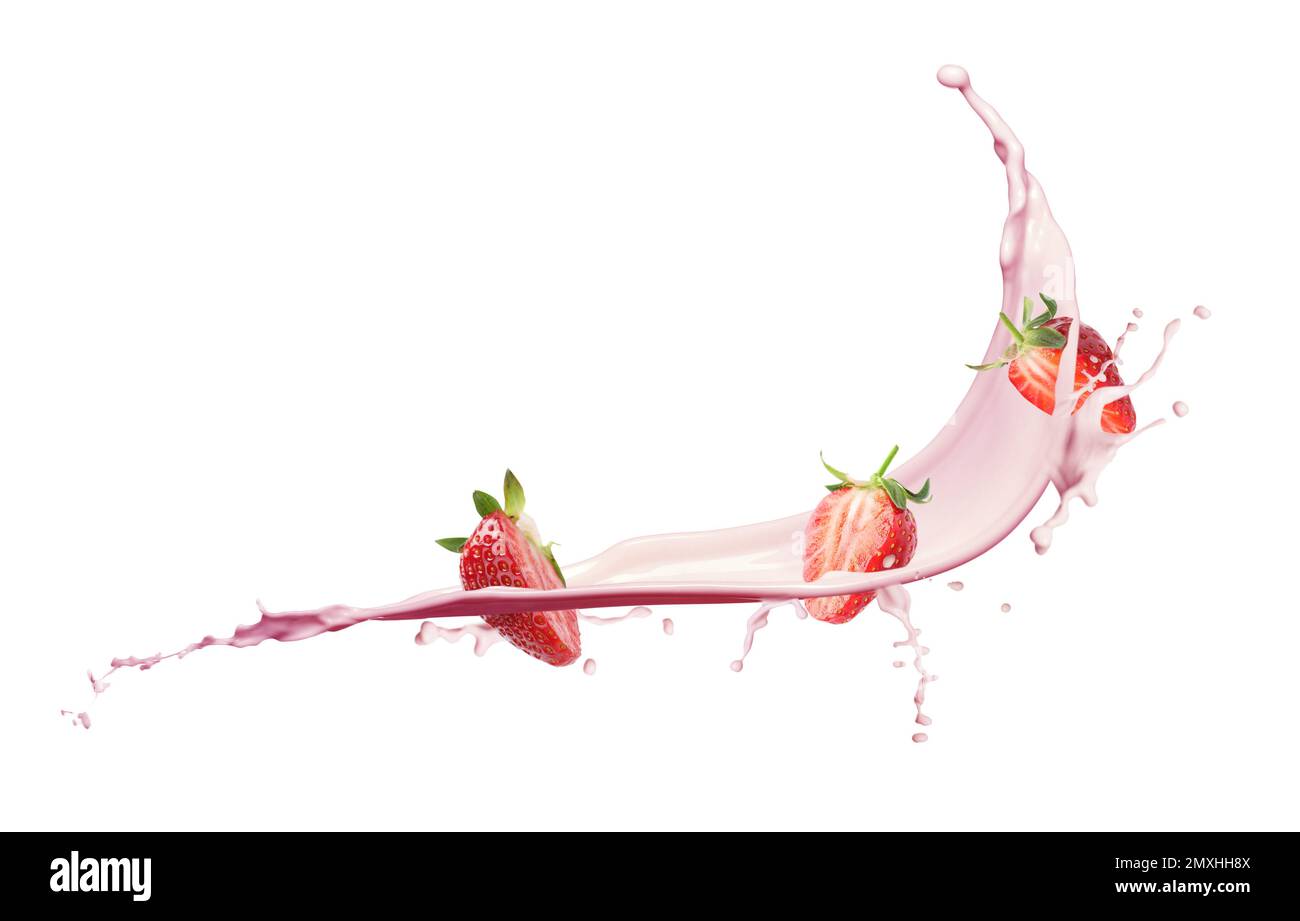 Fresh strawberries with milkshake splash on white background Stock ...