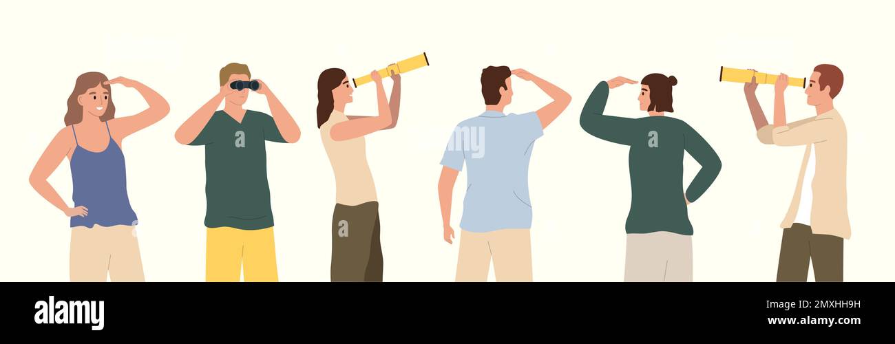 People looking into distance into future flat composition with men and ...