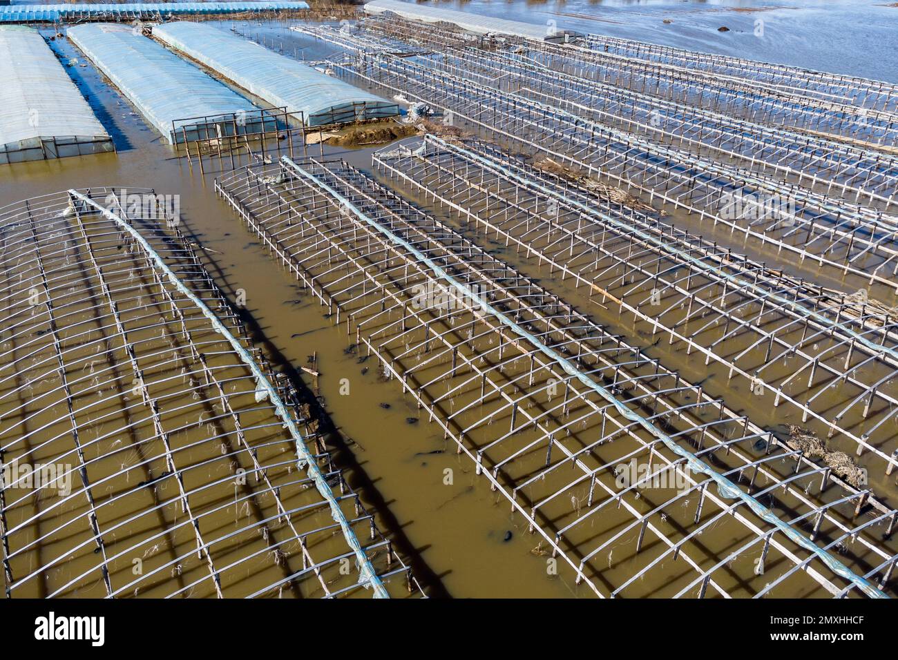 Aerial view of a farm flooded during the spring flood, greenhouses in ...