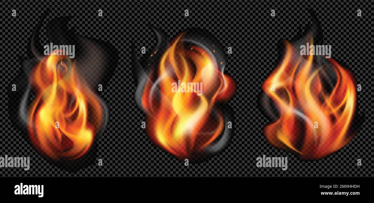 Isolated realistic flame smoke icon set with gray red flames developing ...