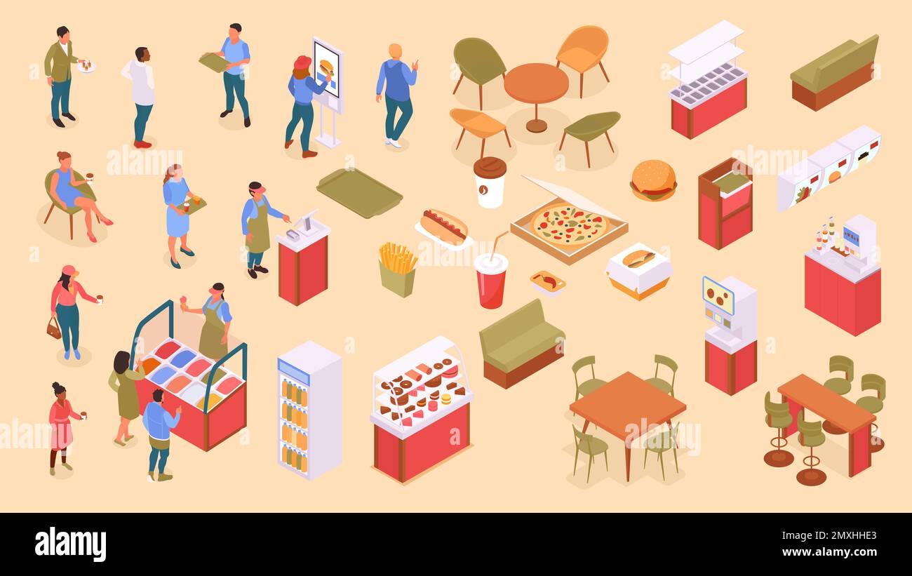 Food court isometric color set with pizza and takeout symbols isolated ...