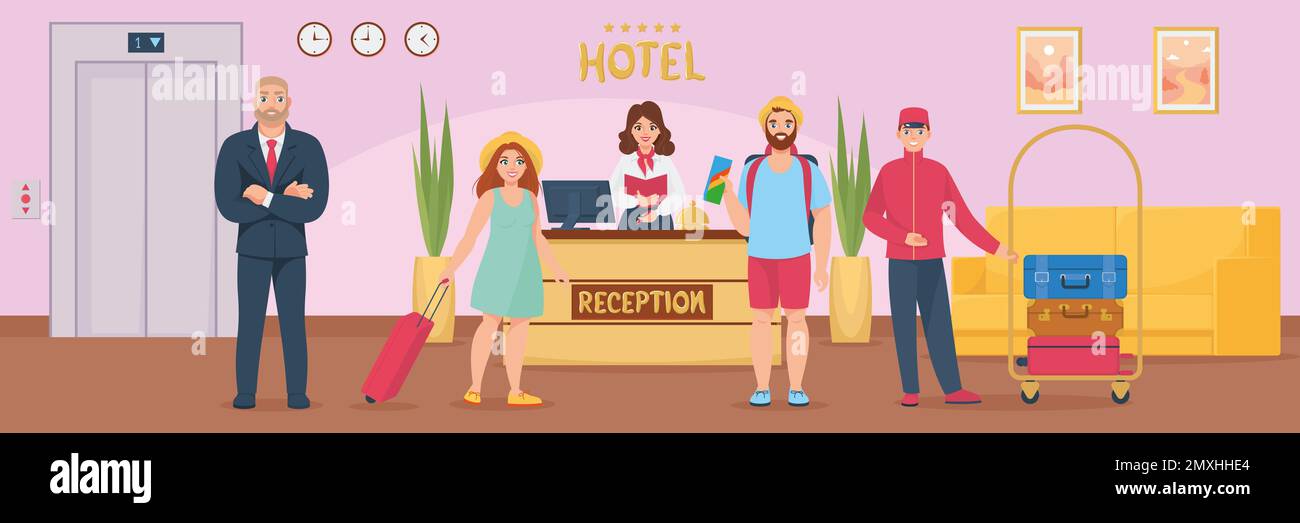 Hotel staff flat composition with horizontal view of hotel lobby with ...