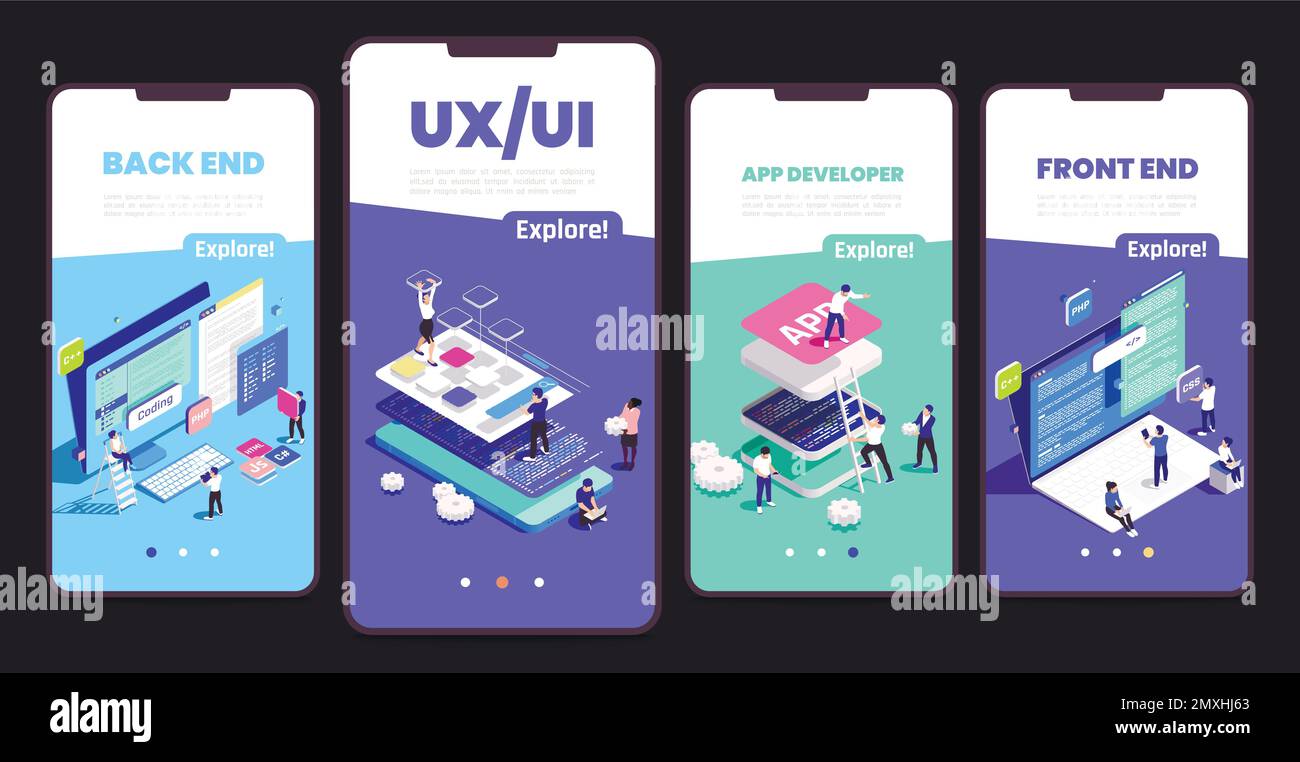 IT professions isometric set with developer symbols isolated vector illustration Stock Vector ...