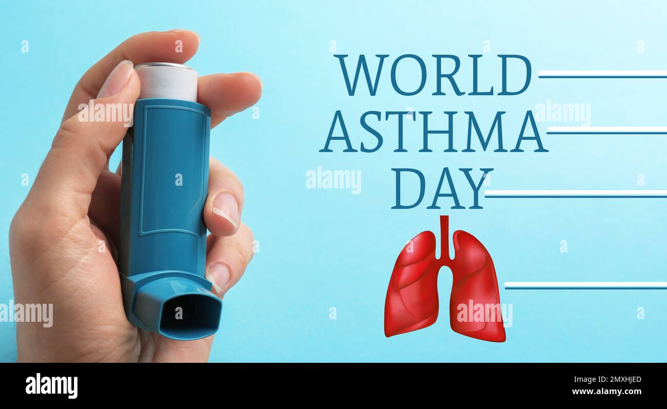 World asthma day. Woman holding inhaler on light blue background ...