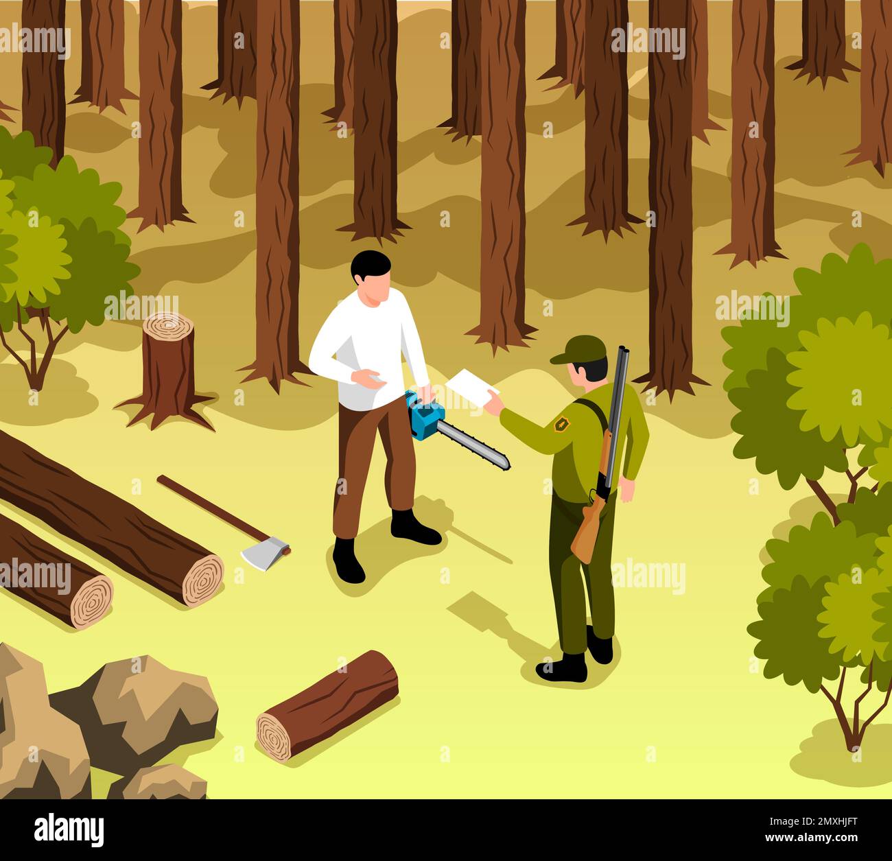 Isometric forester concept with tree cut protection vector illustration ...