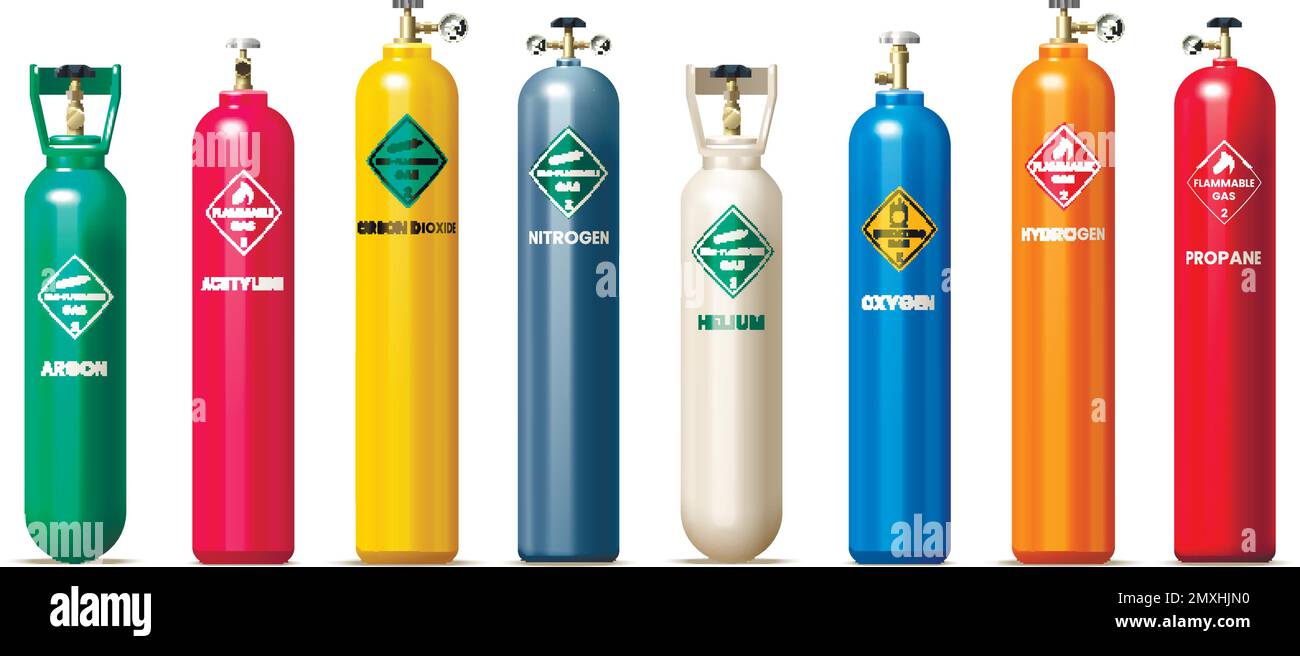 Gas cylinders and tanks realistic set with helium and oxygen symbols ...