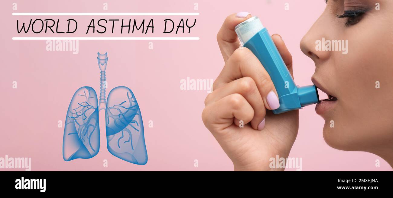 World asthma day. Young woman using inhaler on pink background, banner ...