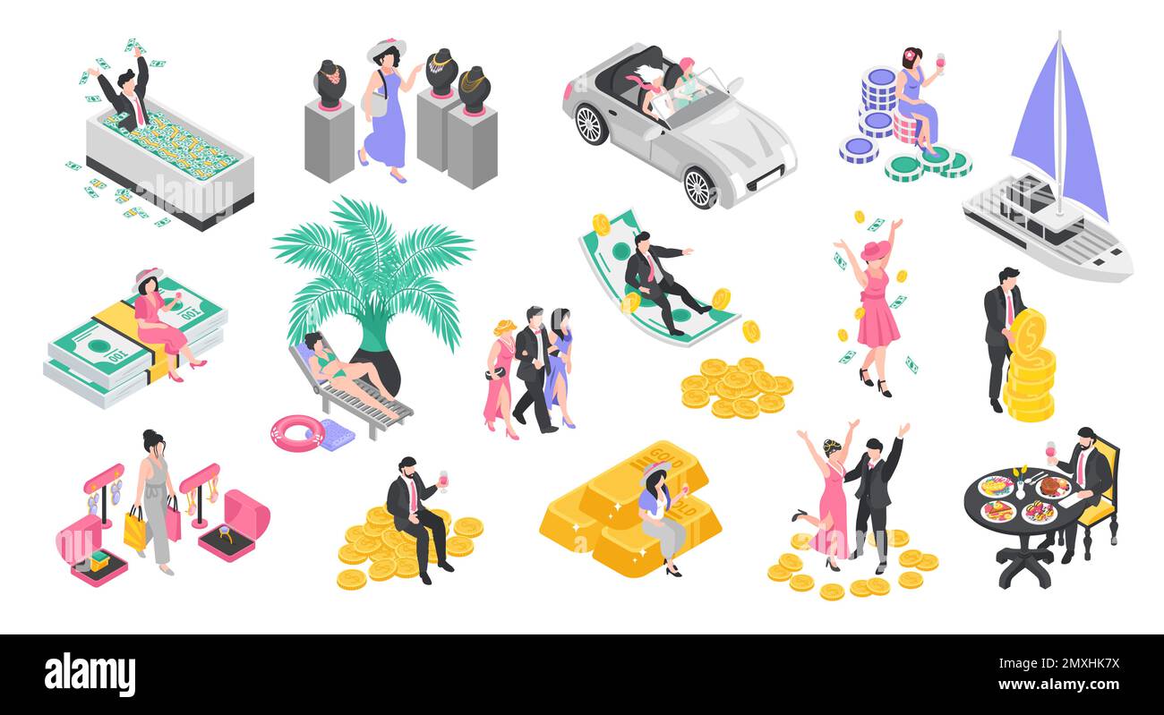Rich people isometric set with happy wealthy men and women isolated ...