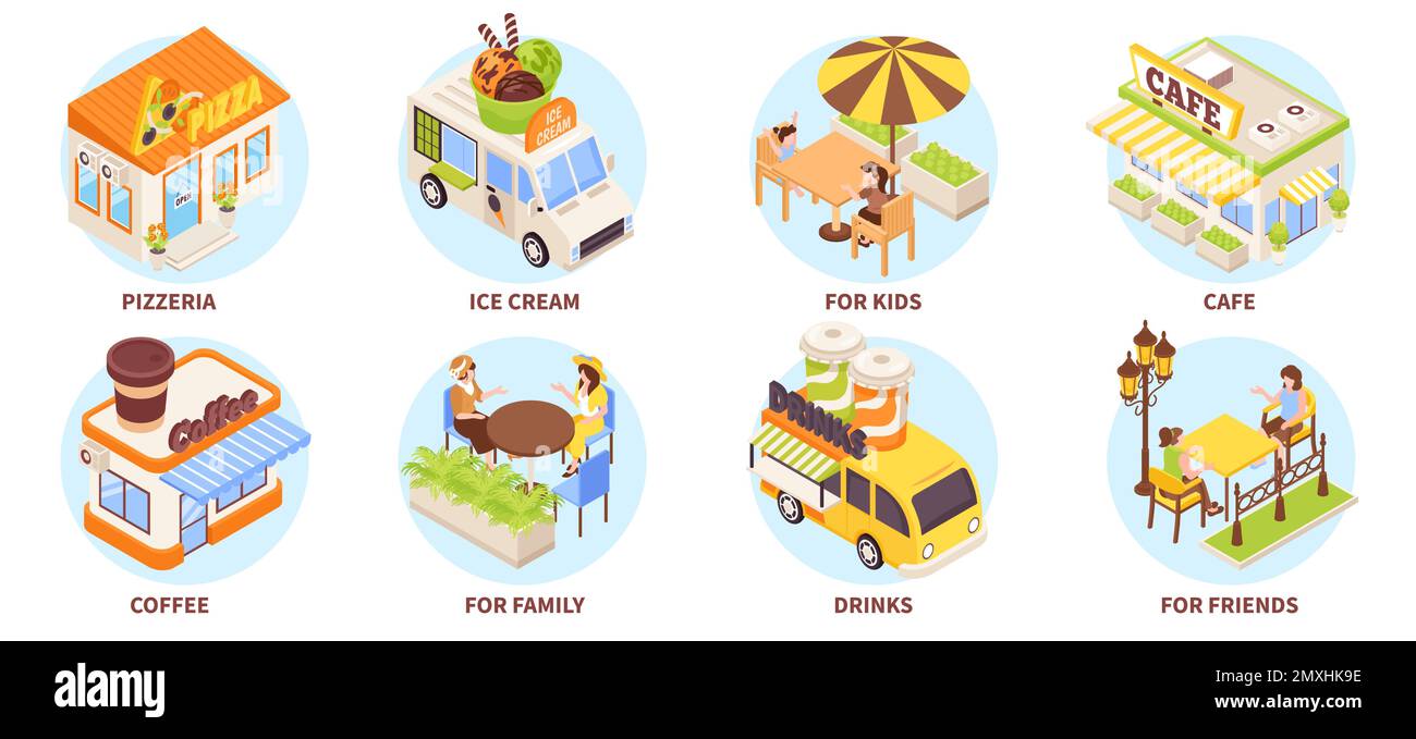 Street food and coffee kiosk isometric icons set isolated vector ...