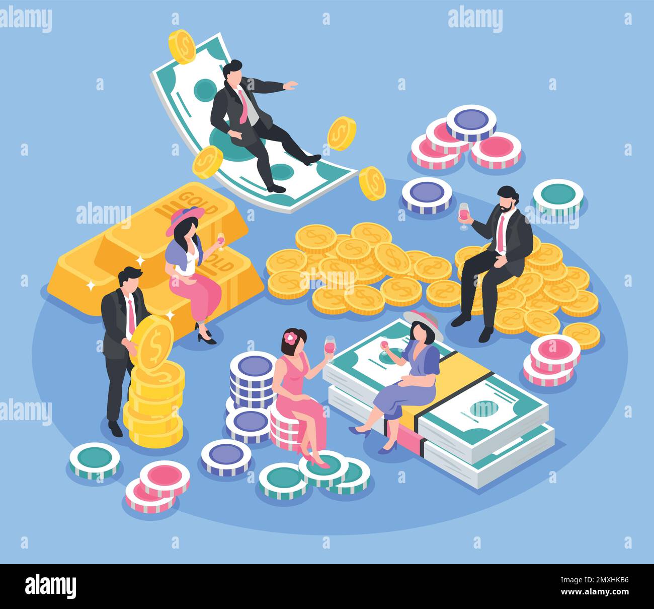 Rich people isometric composition with men and women sitting on money ...