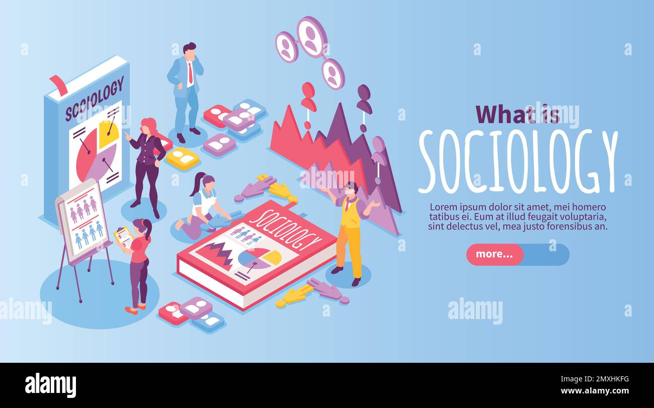Isometric sociology horizontal banner with science book and statistic ...