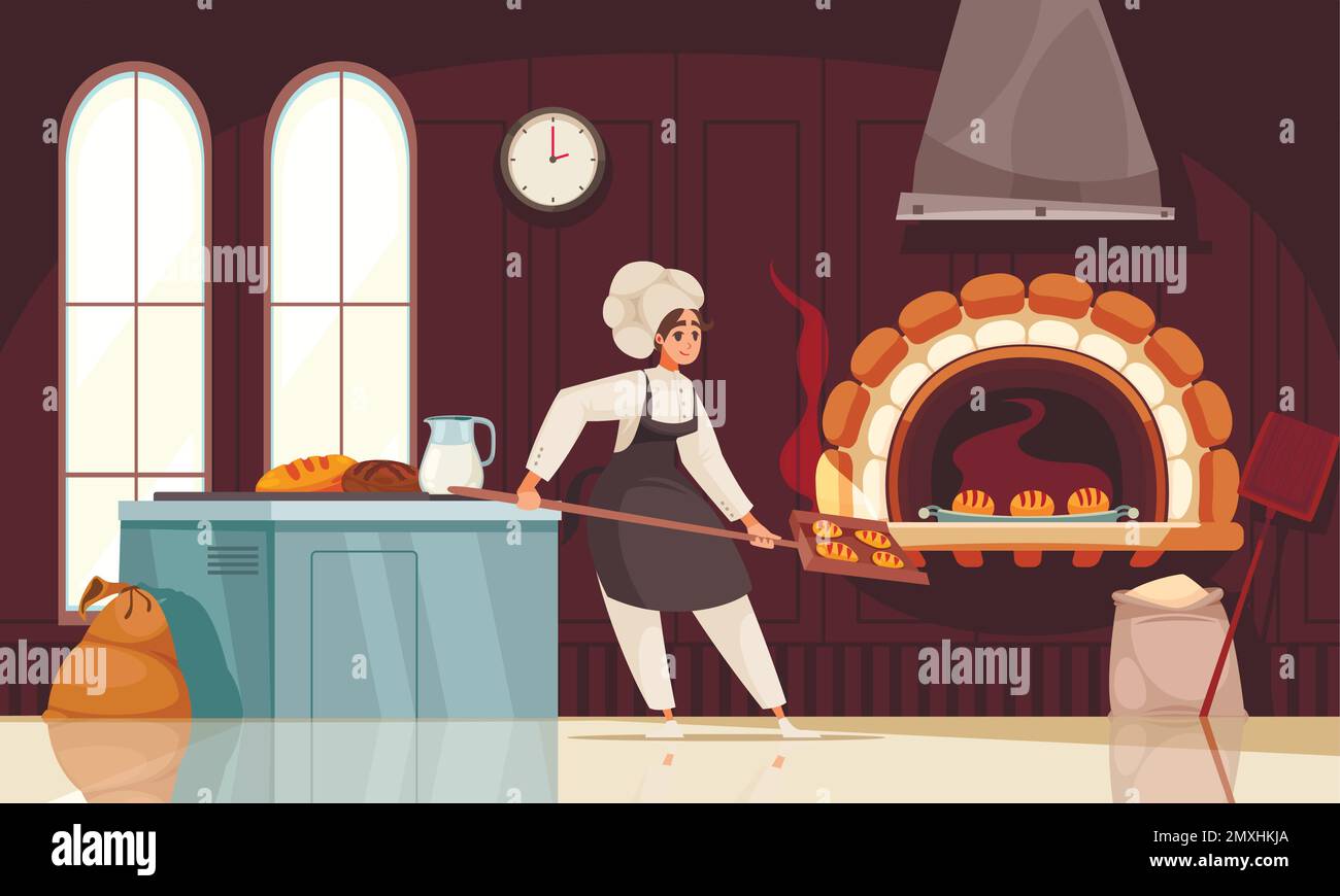 Baker flat poster with woman in chef hat and apron introducing bread in ...