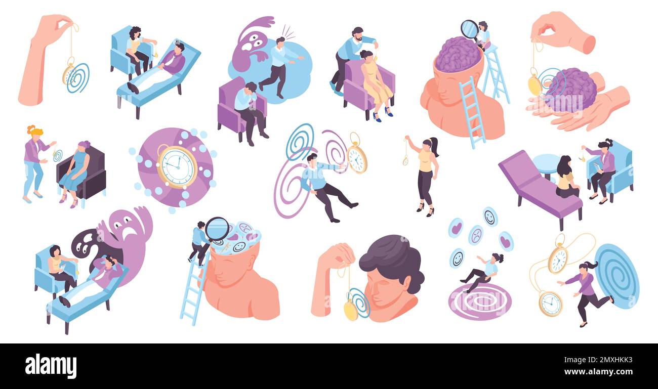 Isometric hypnosis therapy icons set with psychologist consultation ...