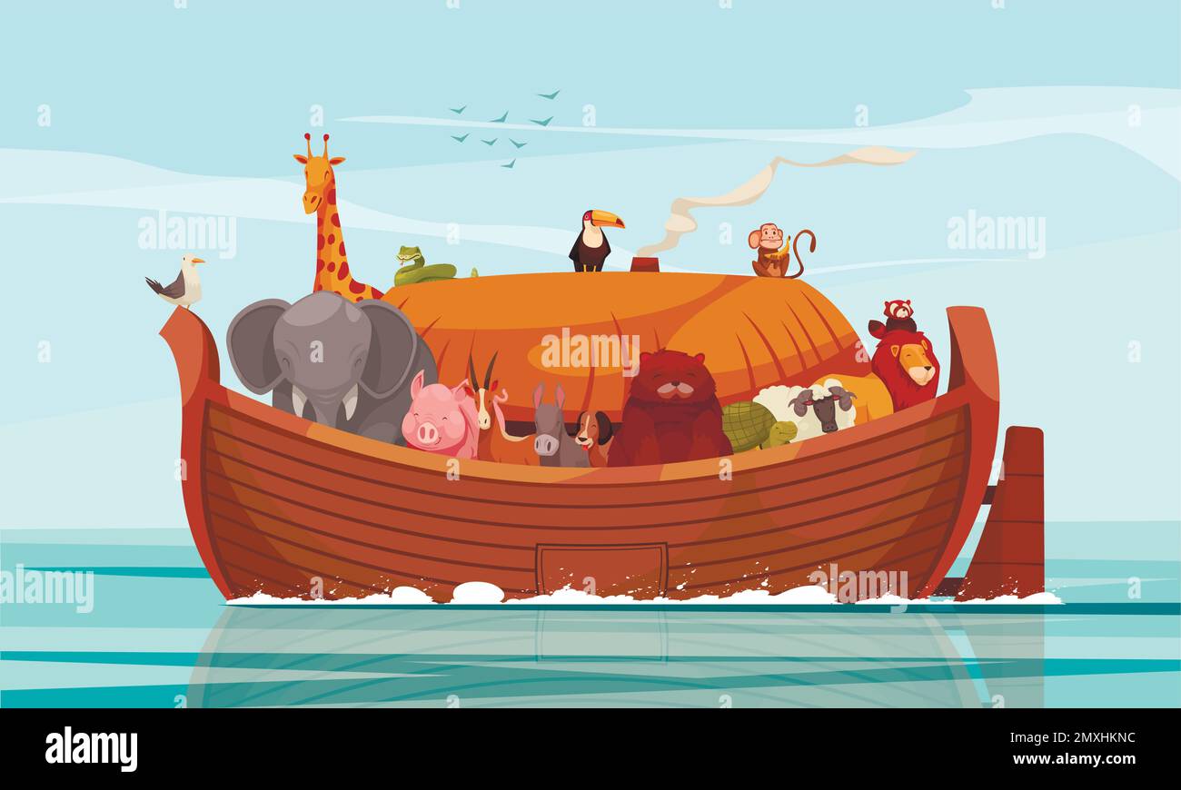 Noahs ark full of animals floating on sea to mount ararat cartoon vector illustration Stock ...