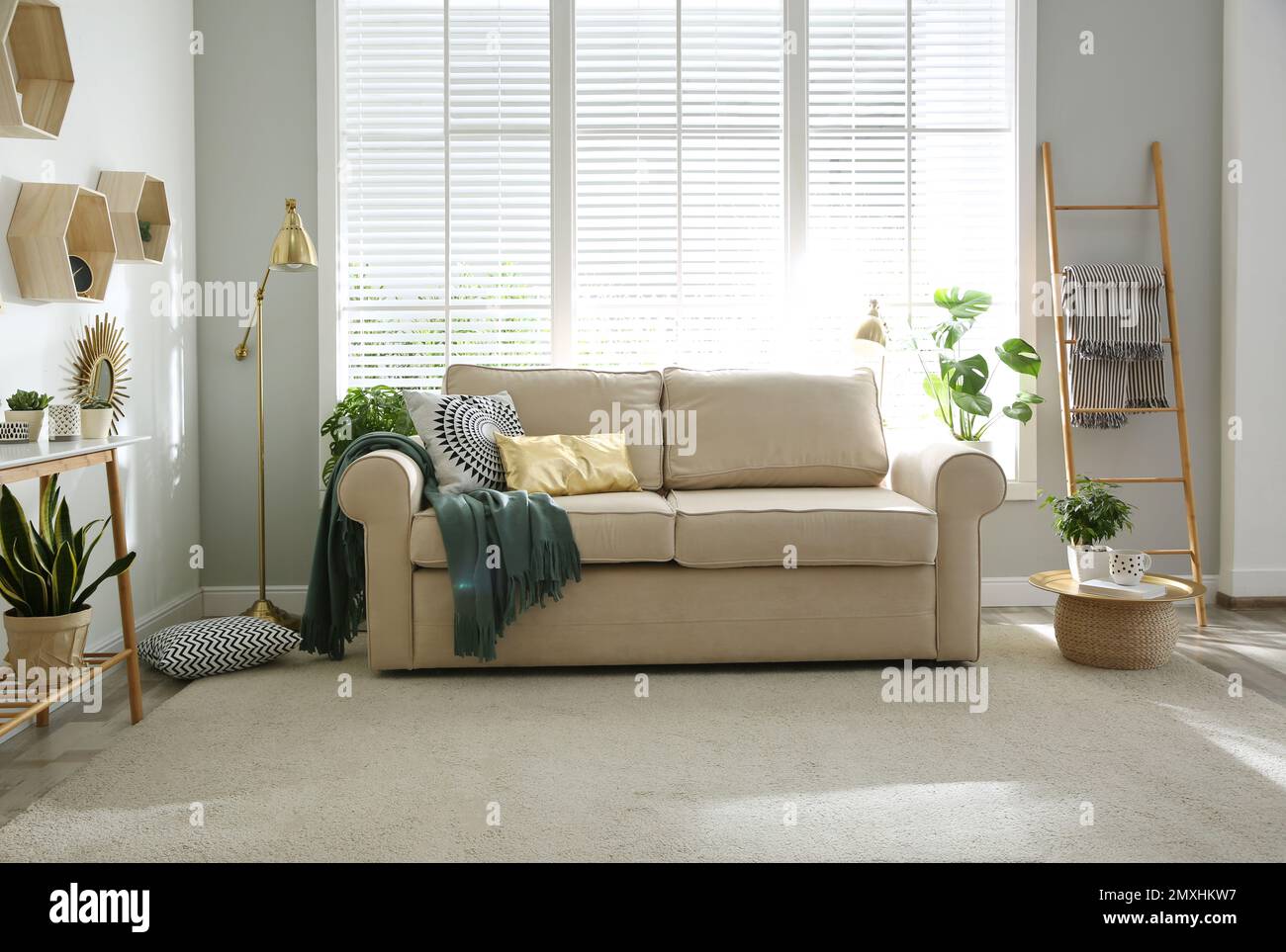 Stylish beige sofa in modern living room interior Stock Photo - Alamy