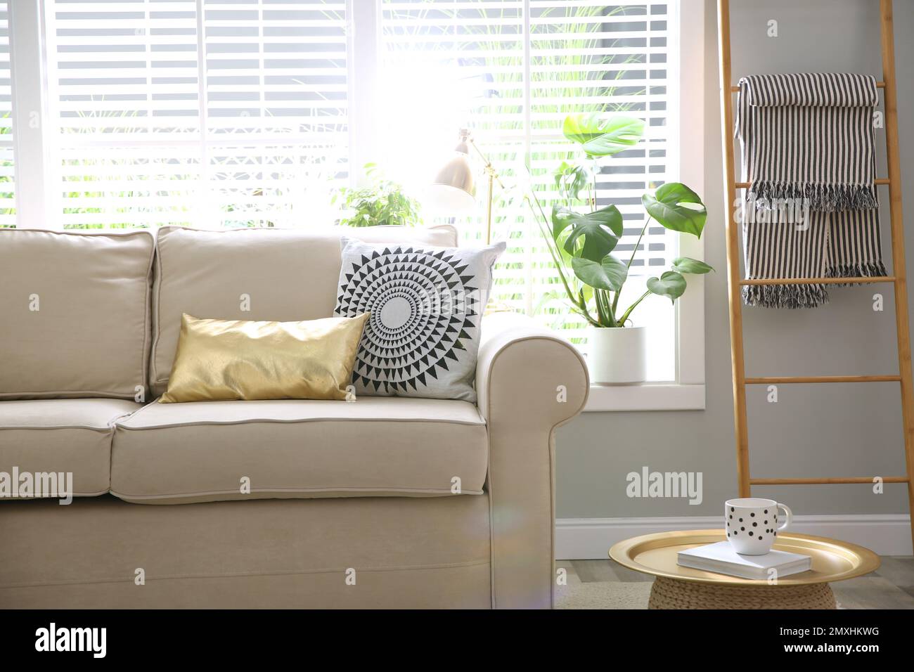Stylish beige sofa in modern living room interior Stock Photo - Alamy