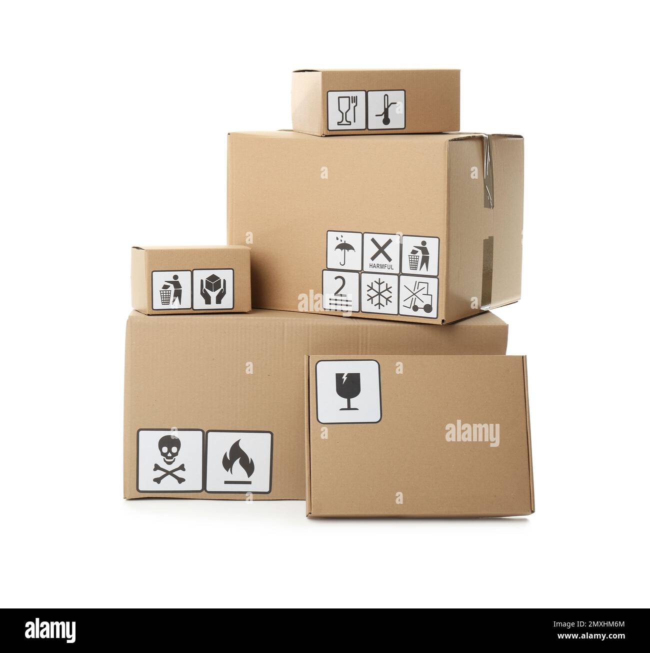 Cardboard boxes with different packaging symbols on white background ...