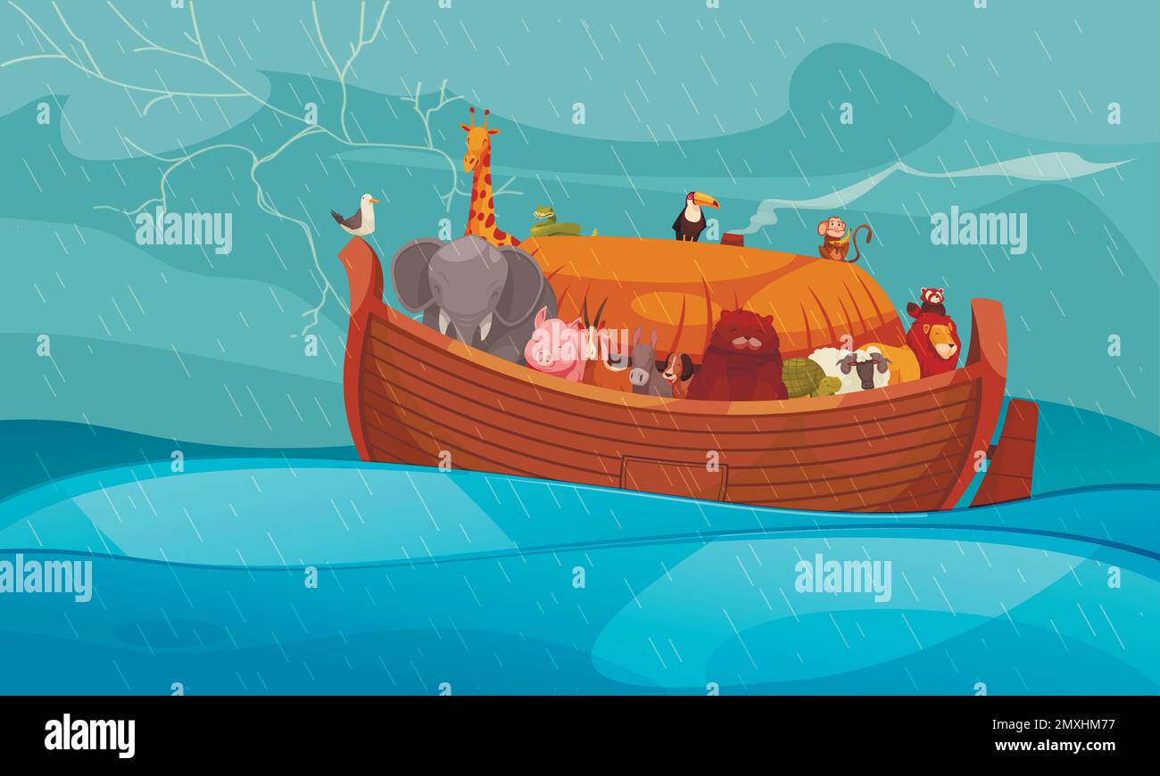 Noahs ark with pets during storm at sea flat color background cartoon vector illustration Stock ...