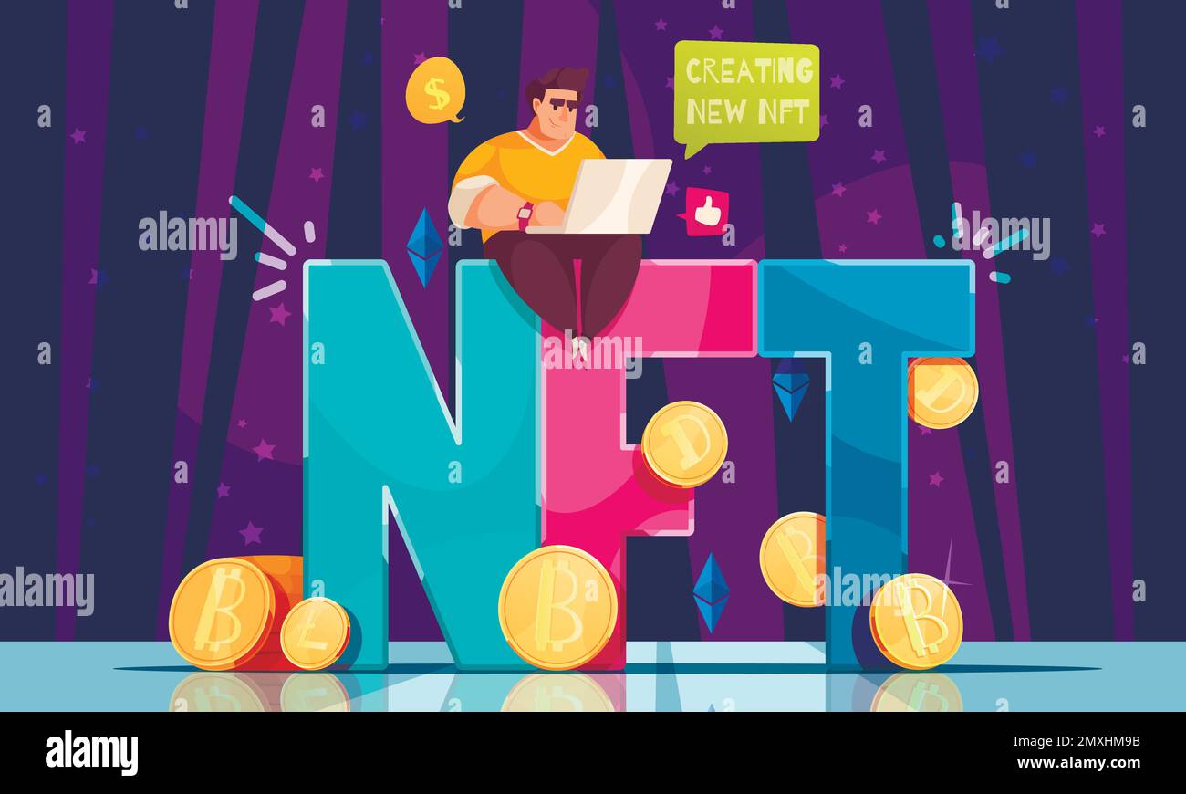 NFT colored background with male character sitting at laptop and ...