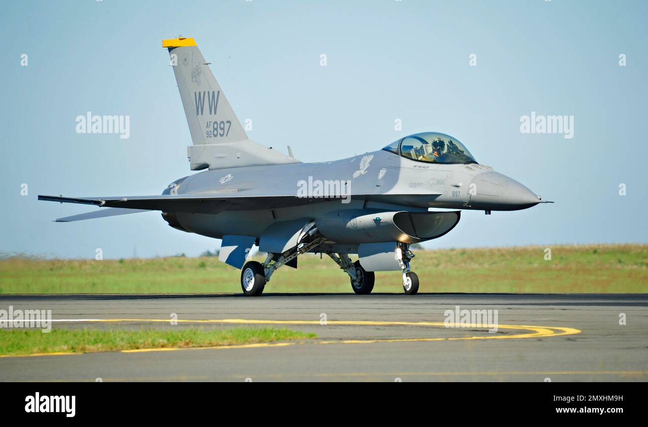 An F-16 against a blue sky at the Avalon Airshow in Geelong, Australia ...