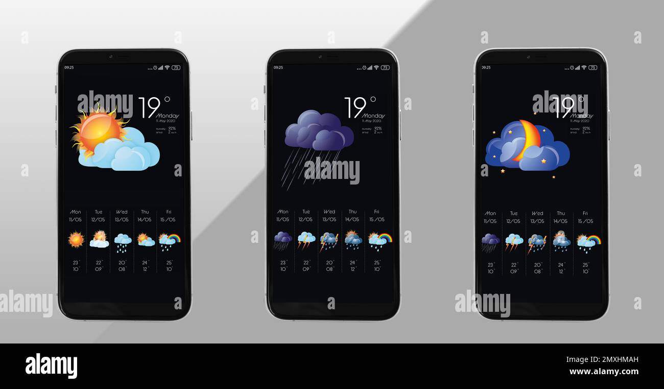 Set of smartphones with open weather forecast app on grey background ...