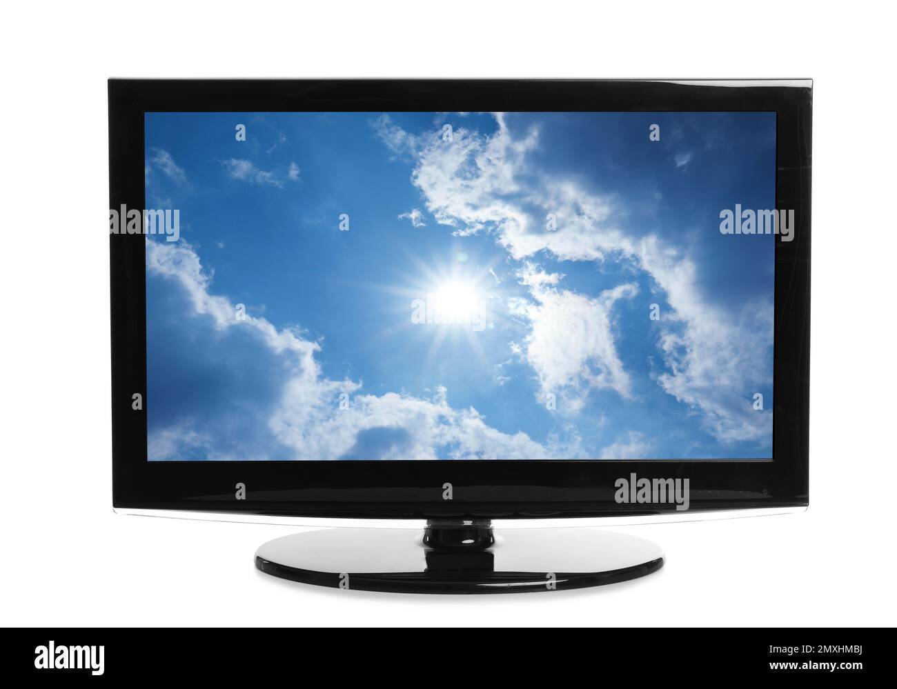 Modern plasma TV with skyscape on screen against white background Stock ...