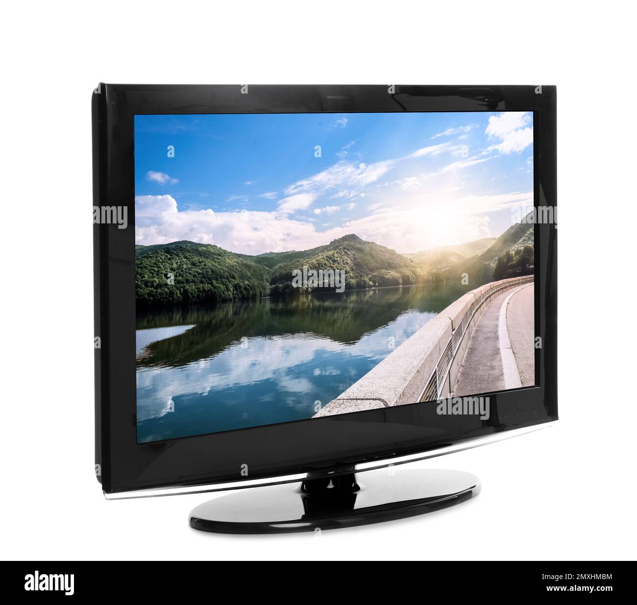 Modern plasma TV with landscape on screen against white background ...