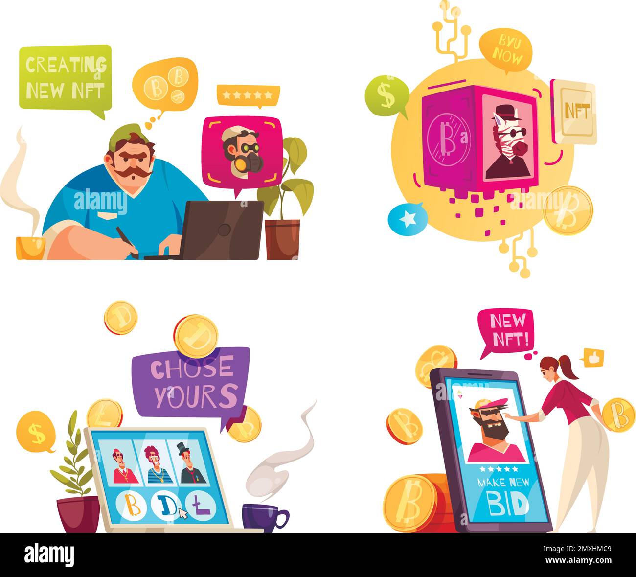 NFT 2x2 compositions with people creating new items putting up for sale ...