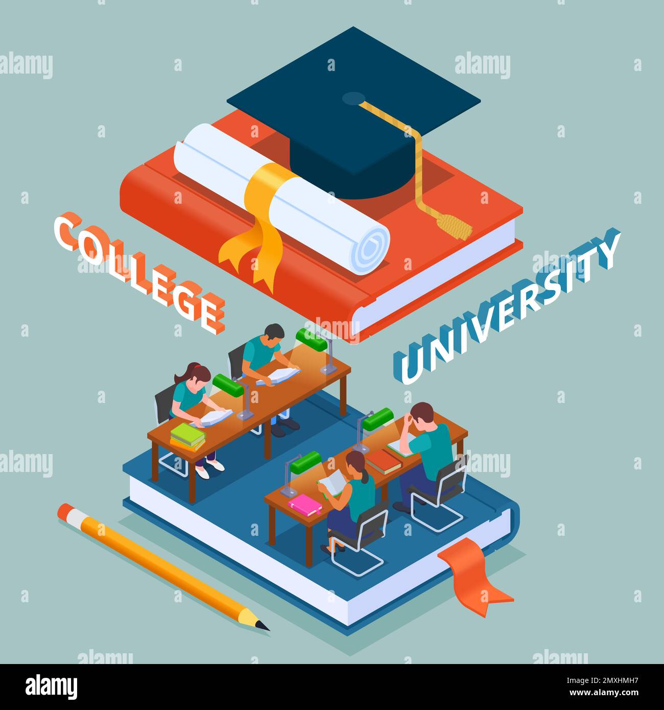 Isometric university composition with college students studing in ...