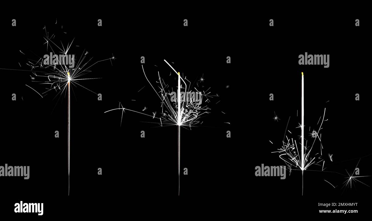 Set of burning sparklers on black background. Banner design Stock Photo ...