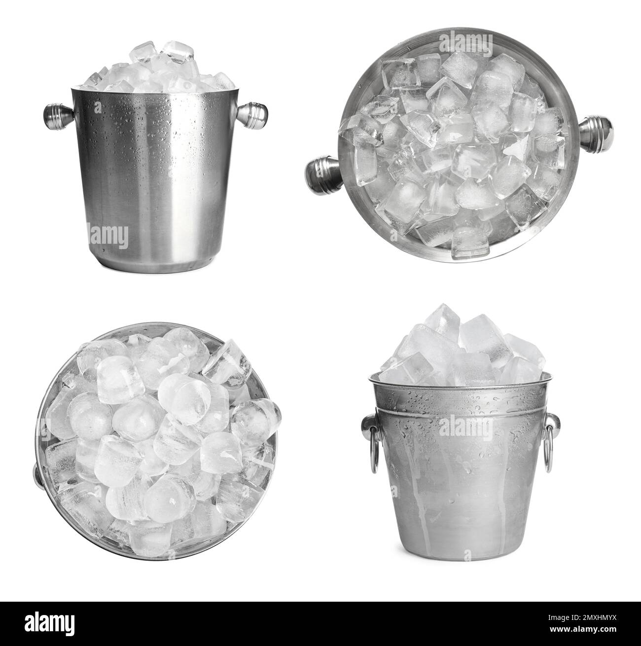 Set of different metal buckets with ice cubes on white background Stock ...