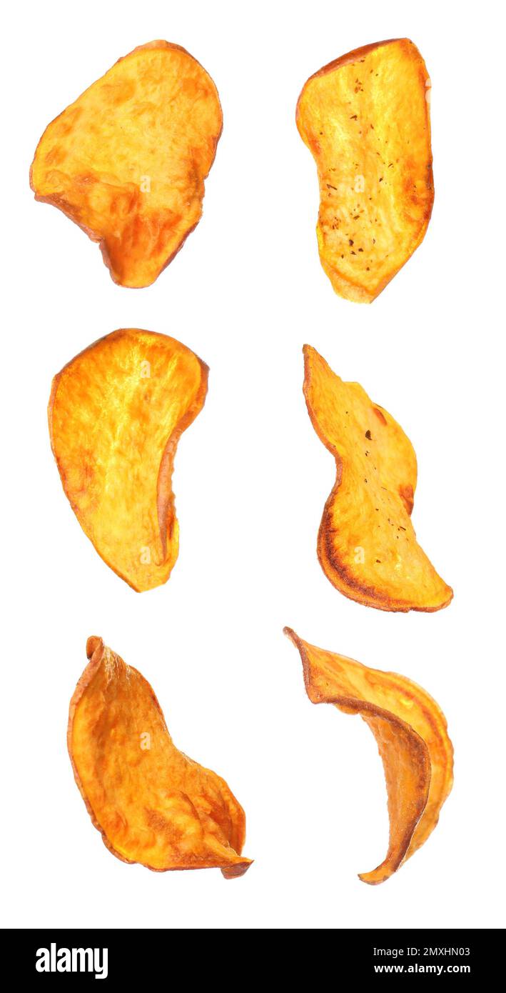Set of sweet potato chips on white background Stock Photo - Alamy