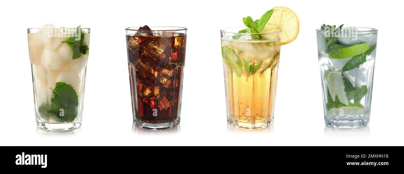 Set of different refreshing drinks on white background. Banner design ...