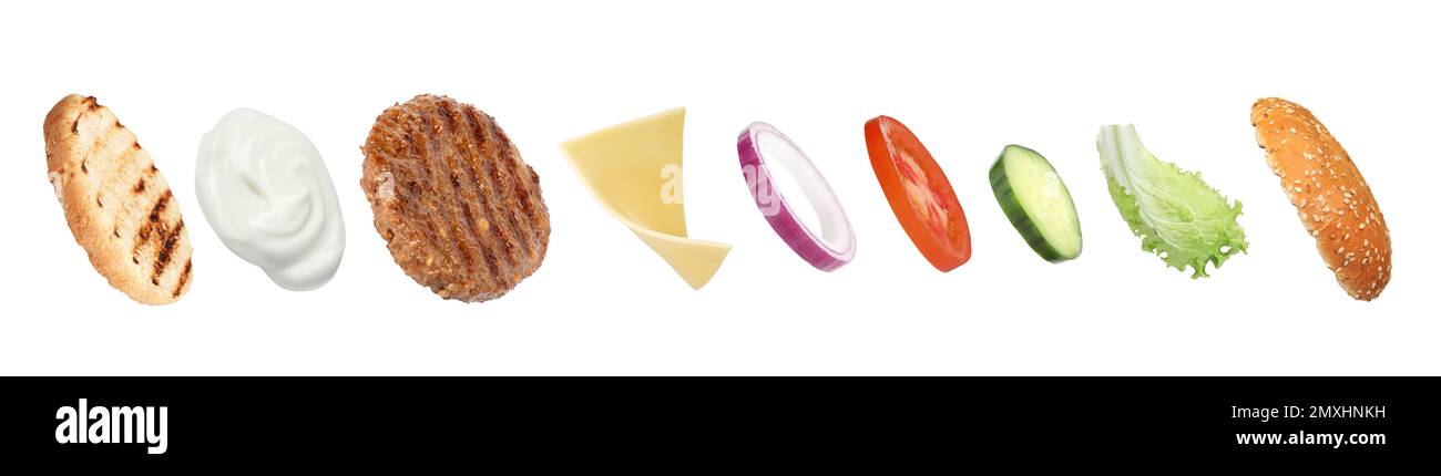 Set of ingredients for delicious burger on white background. Banner ...
