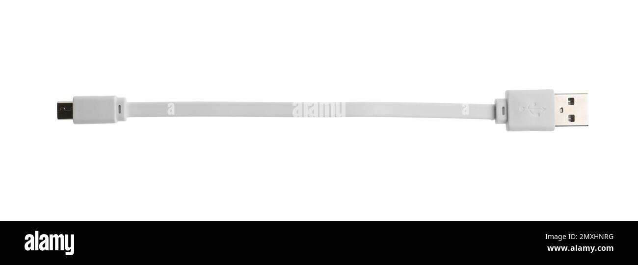 USB charge cable isolated on white, top view. Modern technology Stock ...