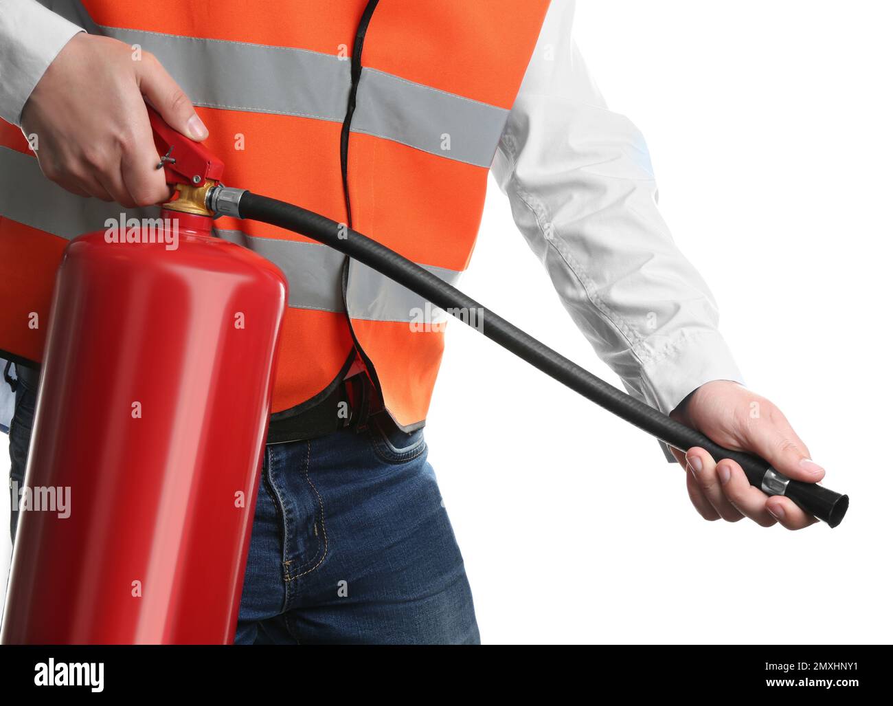 Worker using fire extinguisher on white background, closeup Stock Photo ...