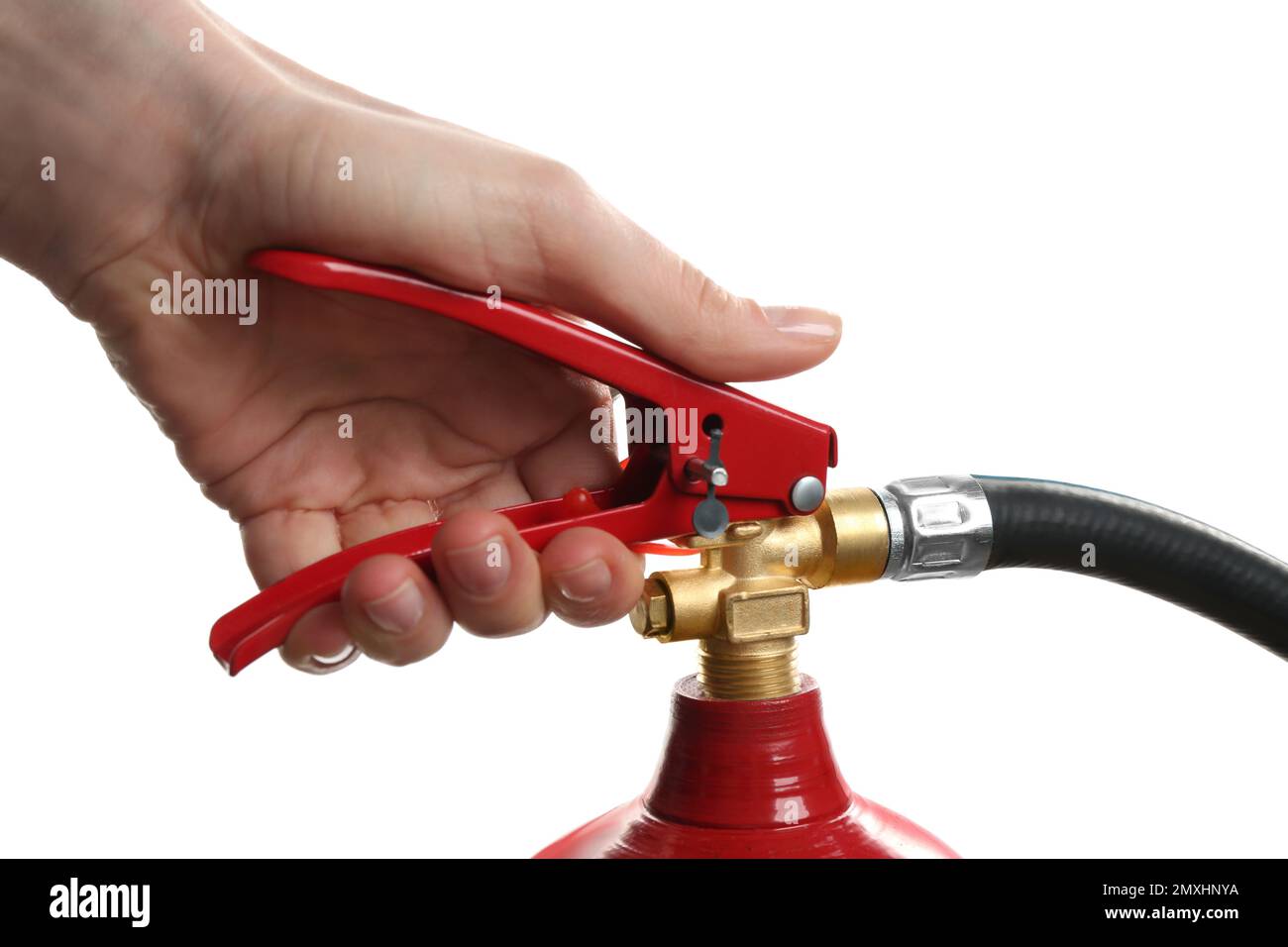 Woman using fire extinguisher on white background, closeup Stock Photo ...