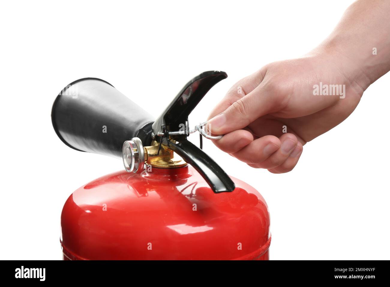 Man using fire extinguisher on white background, closeup Stock Photo ...