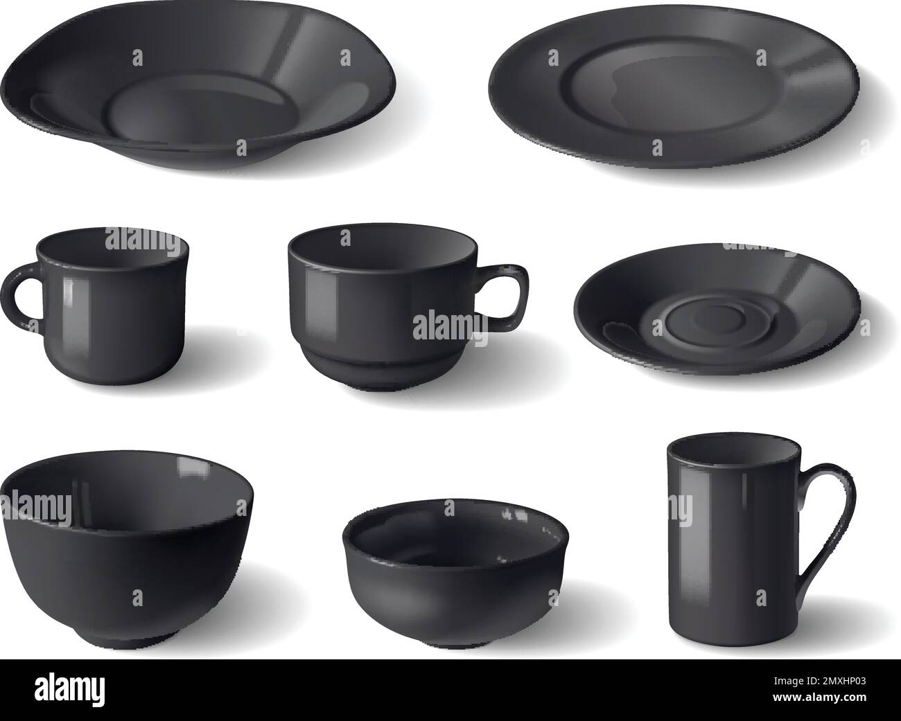 Modern porcelain dishware realistic set with stylish black cups plates ...